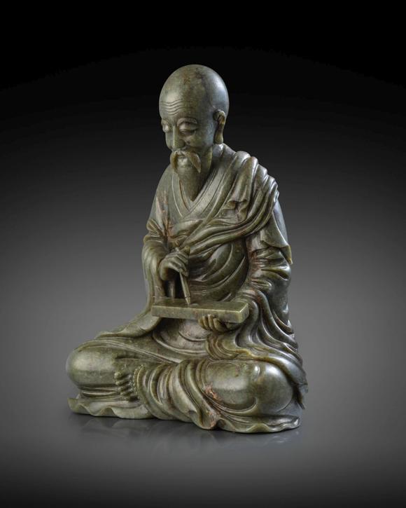 A RARE AND LARGE CHINESE SPINACH-GREEN JADE FIGURE OF A LUOHAN_A RARE ...